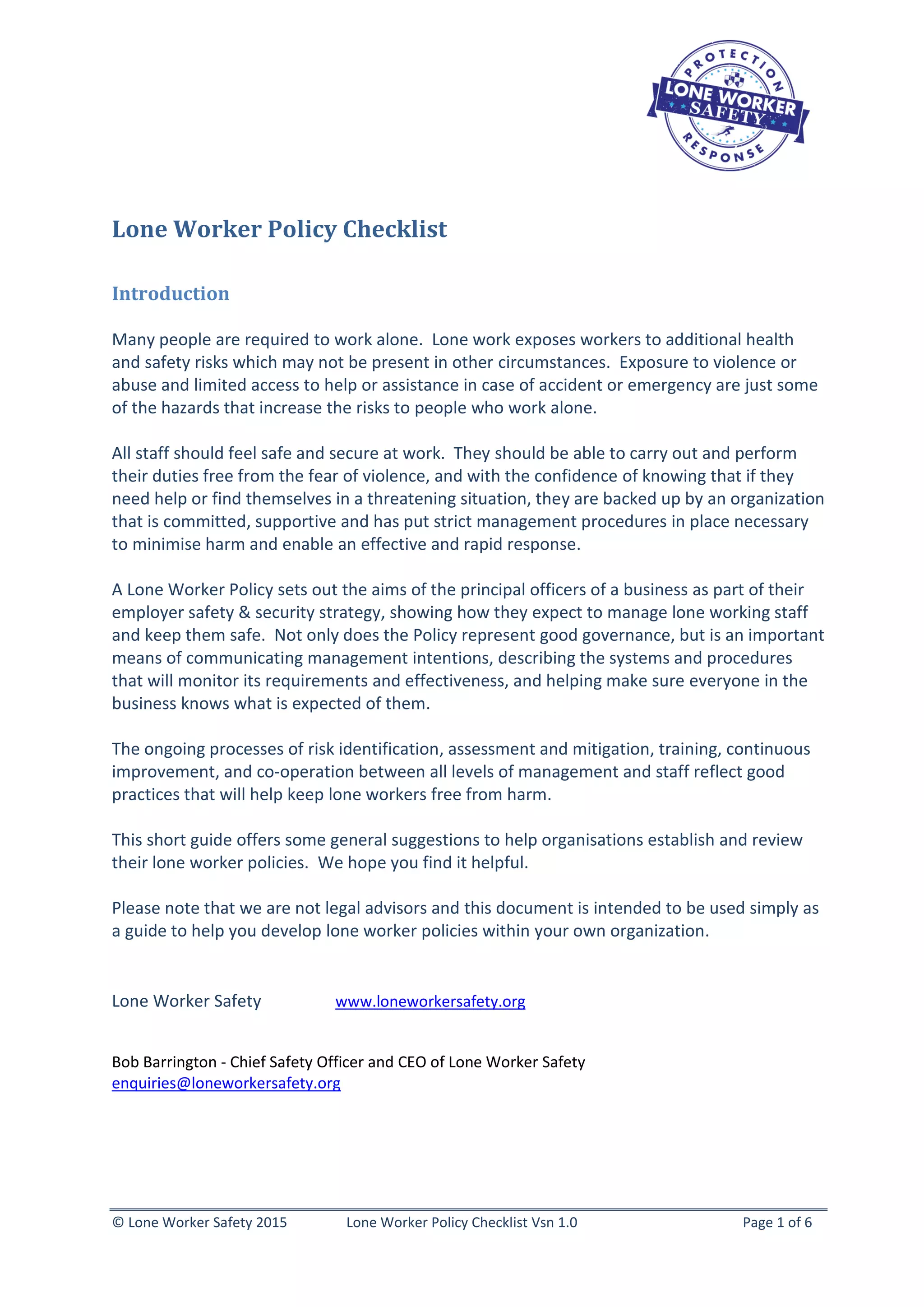 Lone Worker Safety - Lone Worker Policy Checklist 1.0 | PDF