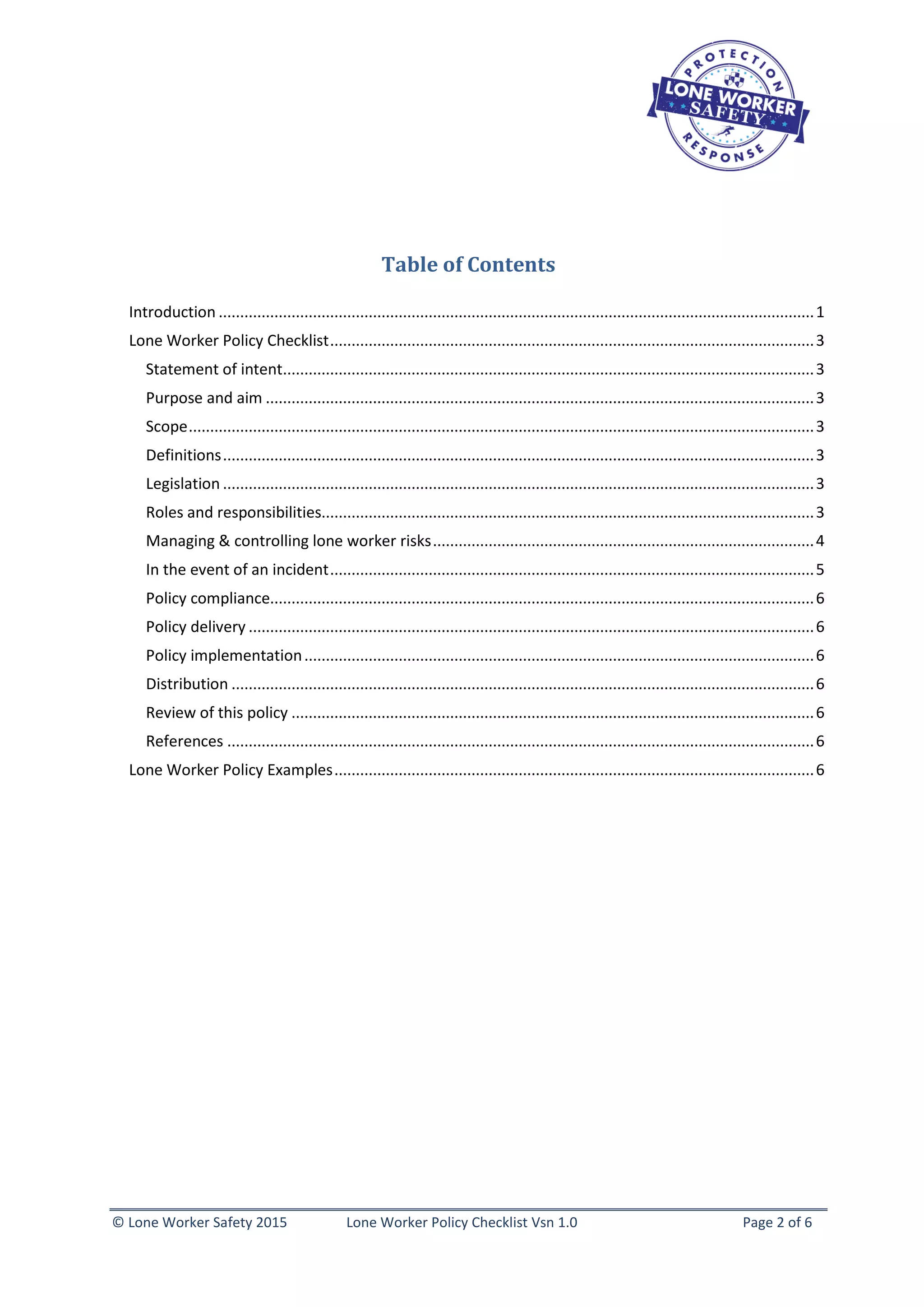 Lone Worker Safety - Lone Worker Policy Checklist 1.0 | PDF