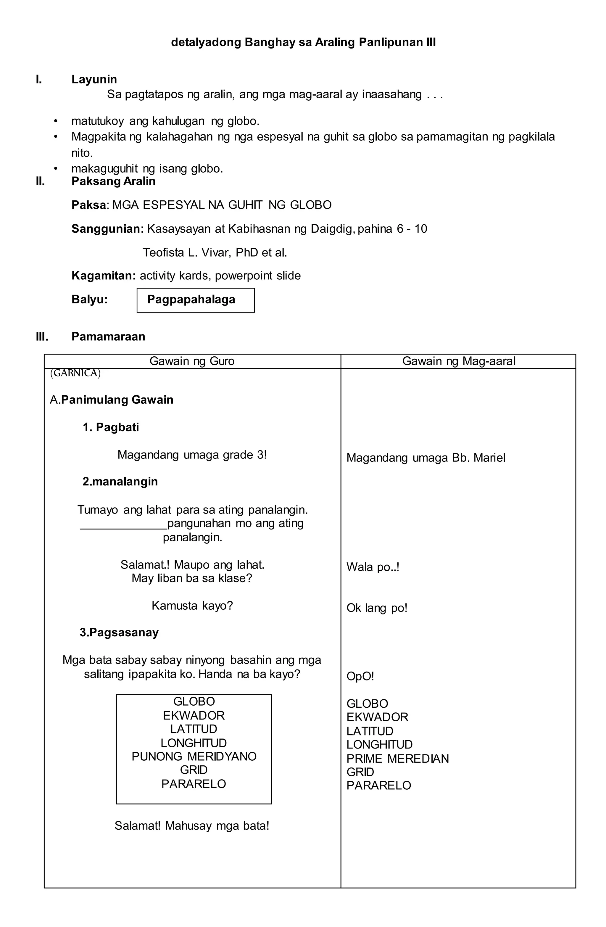 MGA ESPESYAL NA GUHIT SA GLOBO | DOCX