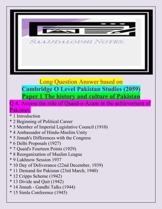 Long Question Answer based onCambridge O Level Pakistan Studies (2059 ...
