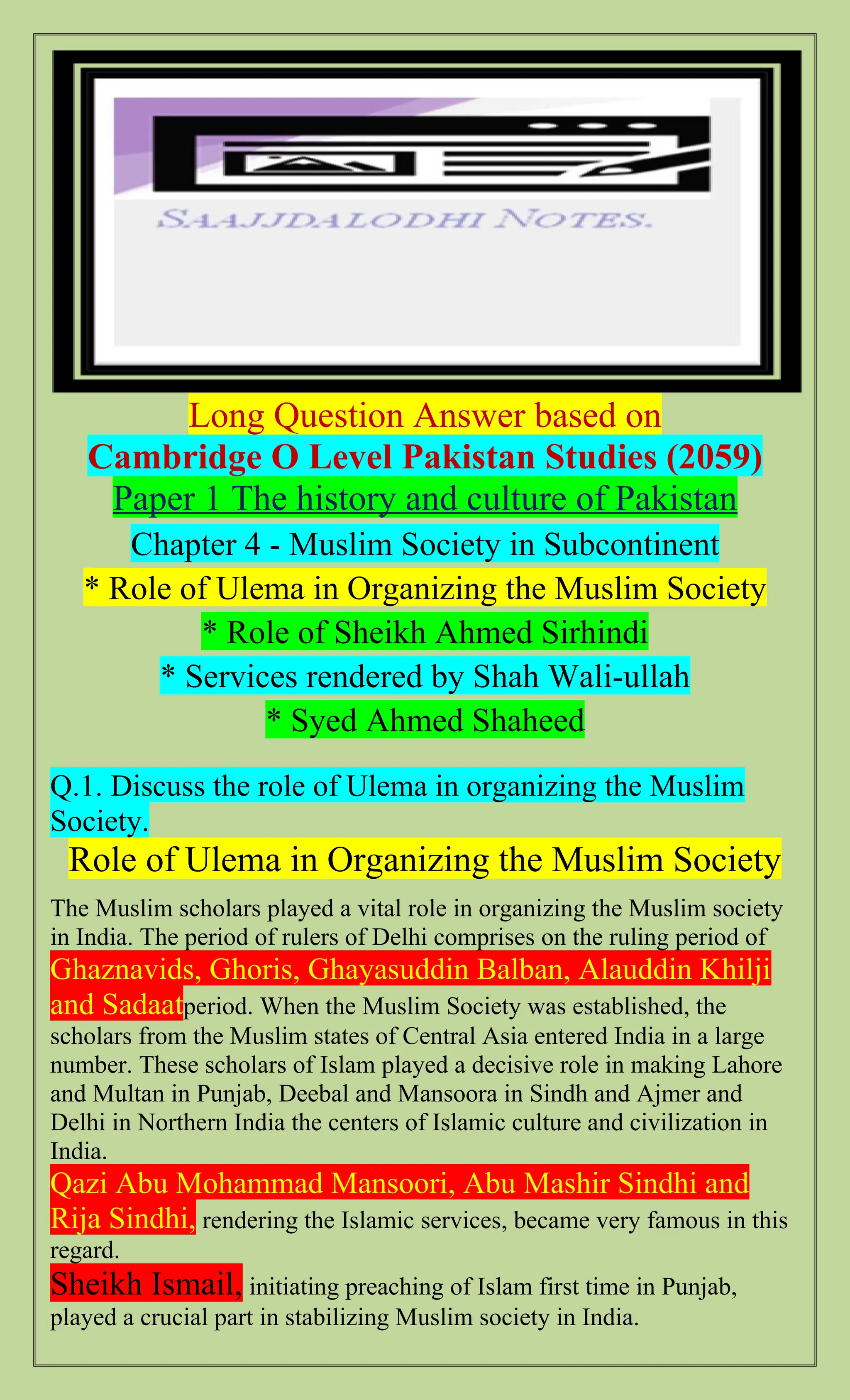 Long Question Answer based onCambridge O Level Pakistan Studies (2059 ...