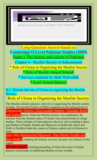 Long Question Answer based onCambridge O Level Pakistan Studies (2059 ...