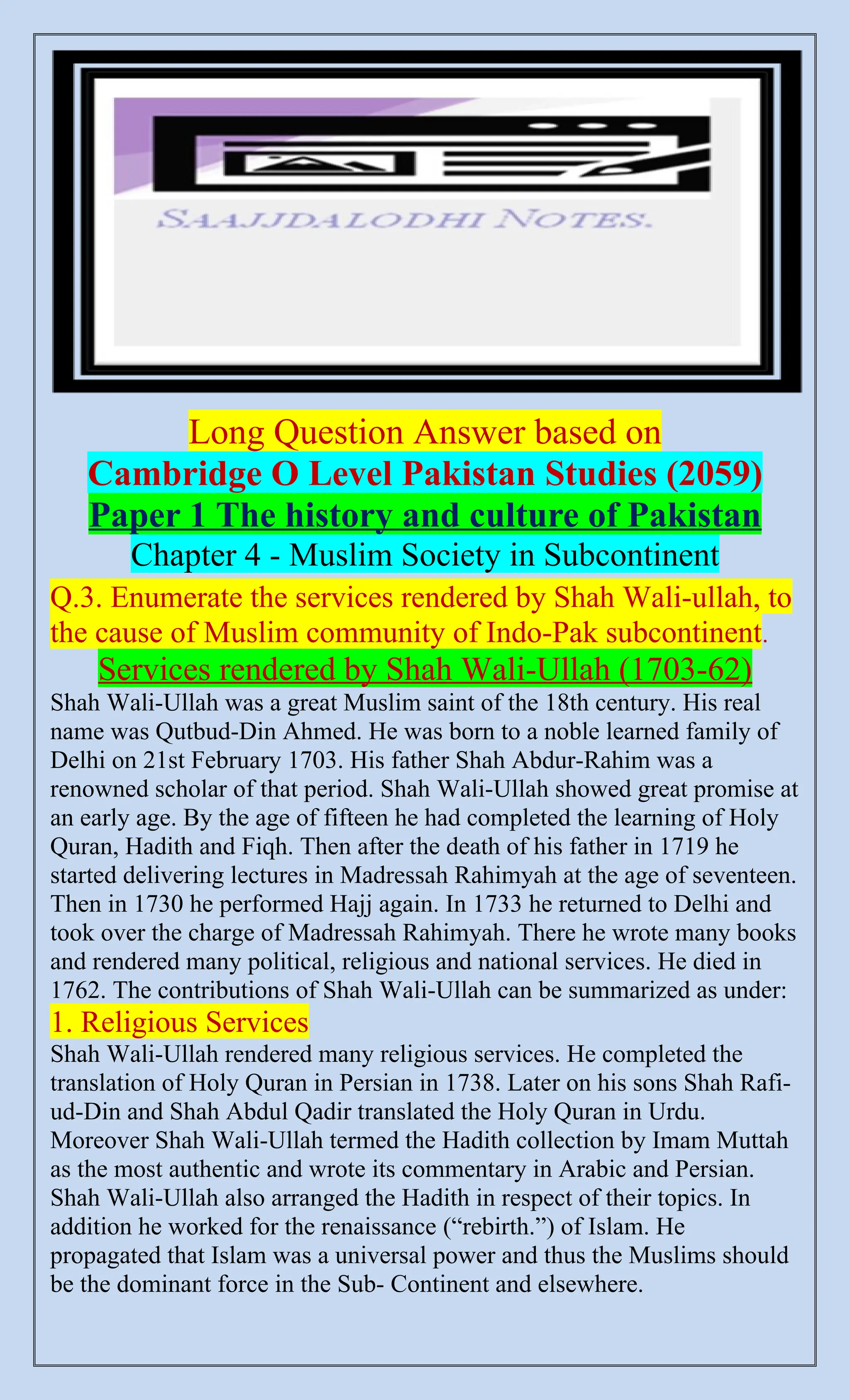 Long Question Answer based onCambridge O Level Pakistan Studies (2059 ...