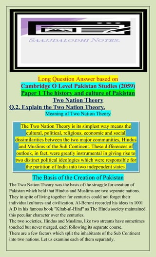 Long Question Answer based on Two Nation TheoryCambridge O Level ...