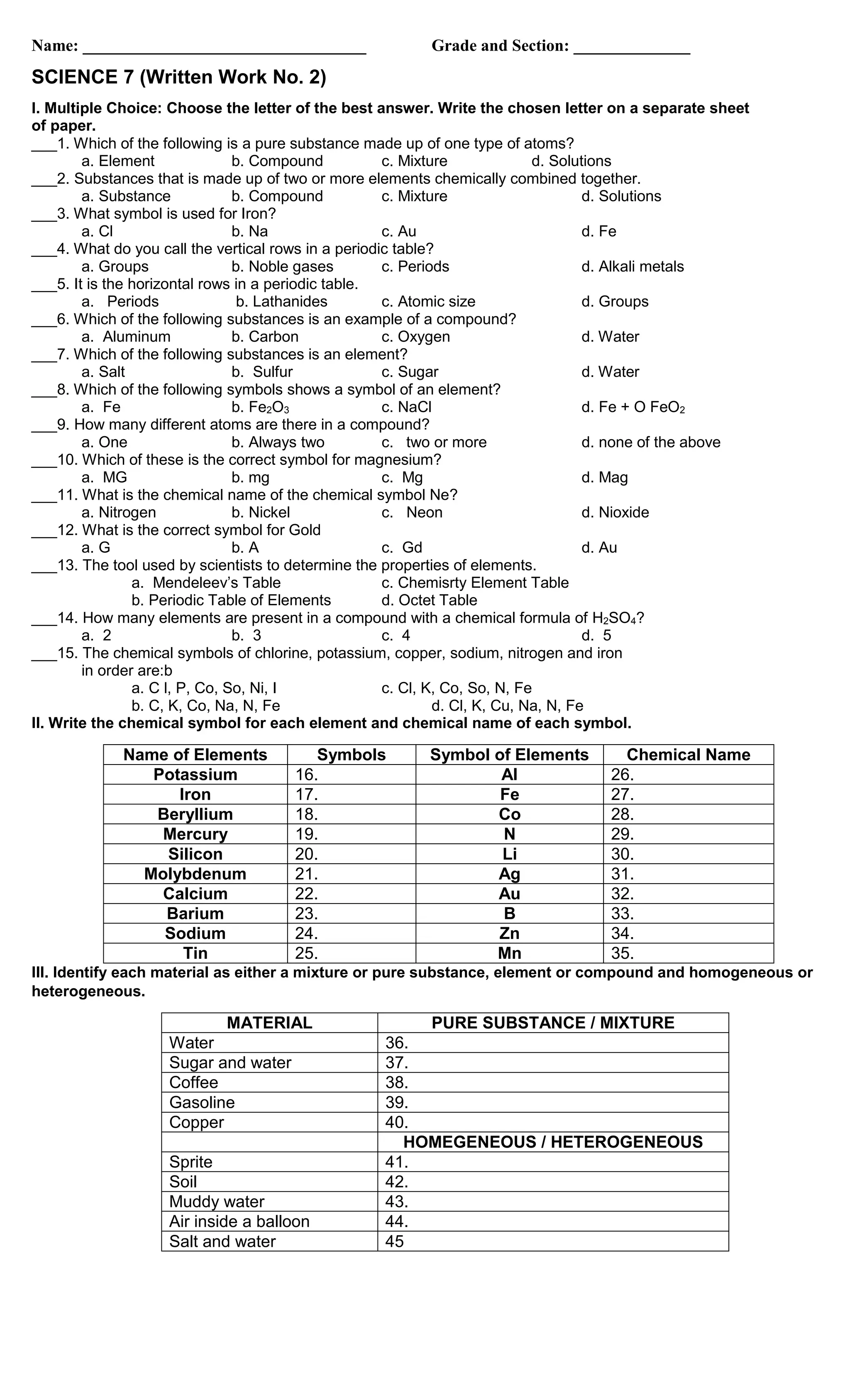 LONG QUIZ ABOUT ELEMENTS, COMPOUND, SUBSTANCES AND MIXTURES..docx