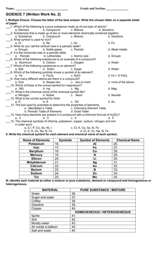 LONG QUIZ ABOUT ELEMENTS, COMPOUND, SUBSTANCES AND MIXTURES..docx