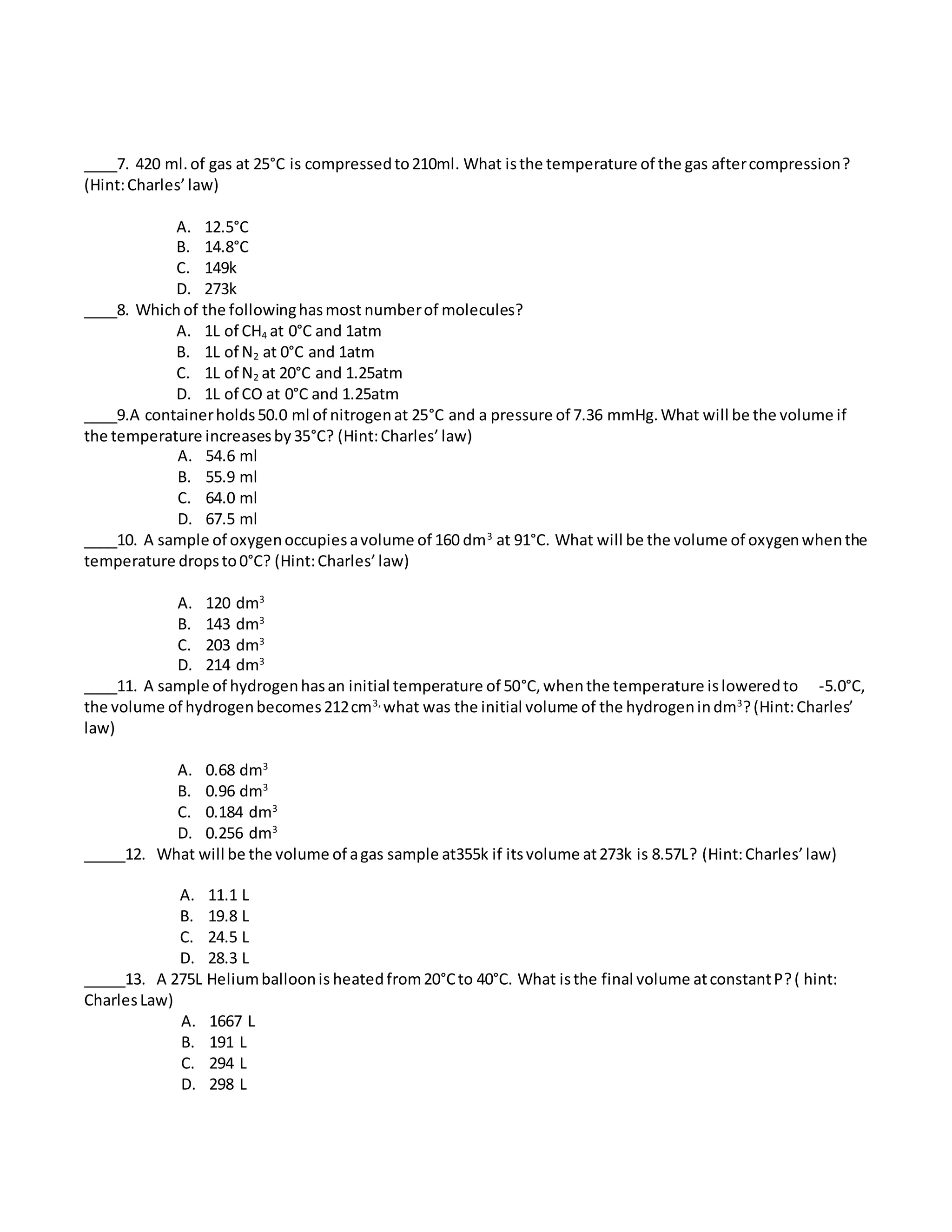 gAS LAWS Long quiz questionnaire | DOCX