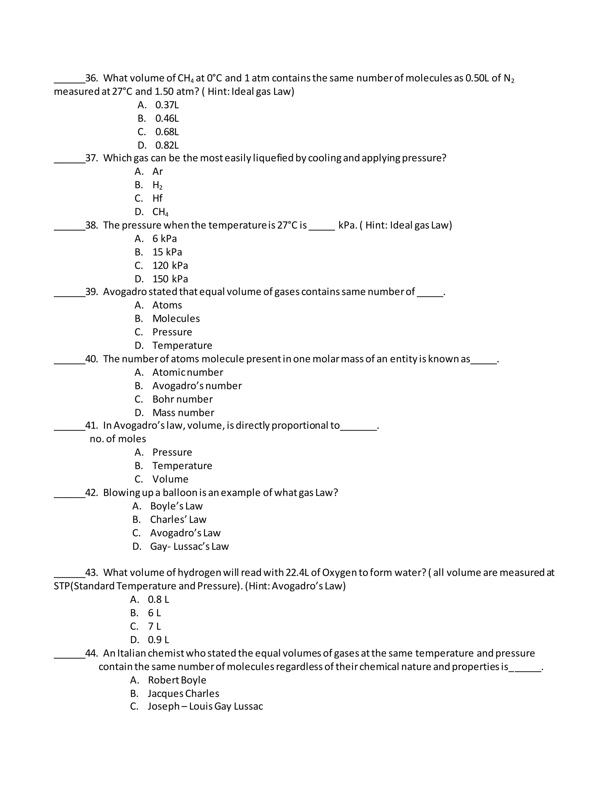 gAS LAWS Long quiz questionnaire | DOCX