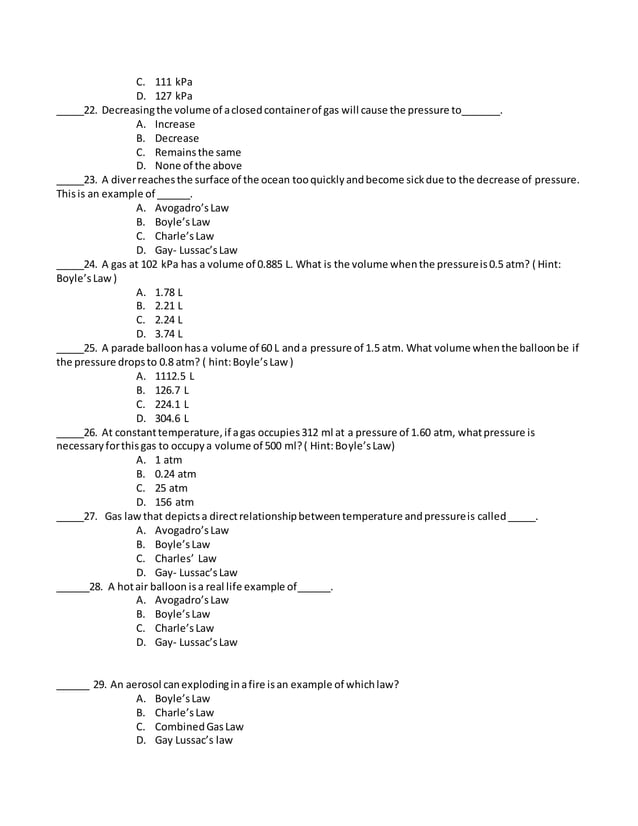gAS LAWS Long quiz questionnaire | DOCX | Chemistry | Science