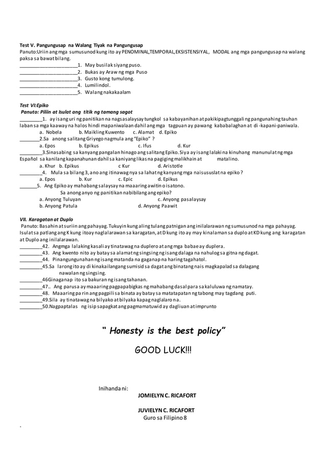 Long test in filipino 8 | DOCX