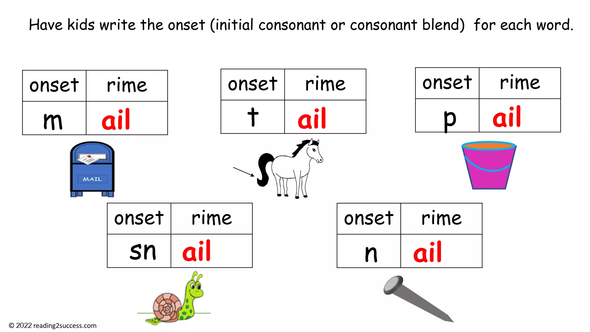 Long Vowel Onset-Rimes: ail, ake, eat, eep, ide, ine, oat, ose & ue. # ...