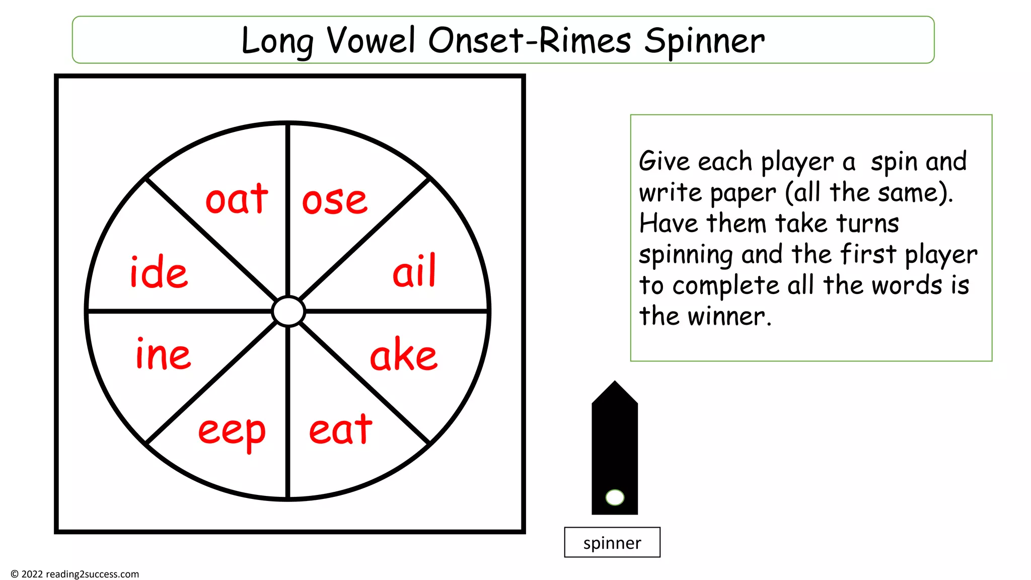 Long Vowel Onset-Rimes: ail, ake, eat, eep, ide, ine, oat, ose & ue. # ...