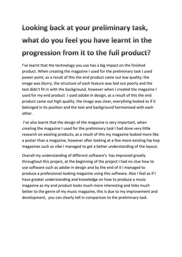 Looking back at your preliminary task | DOCX | Desktop Publishing | Computer Software and ...