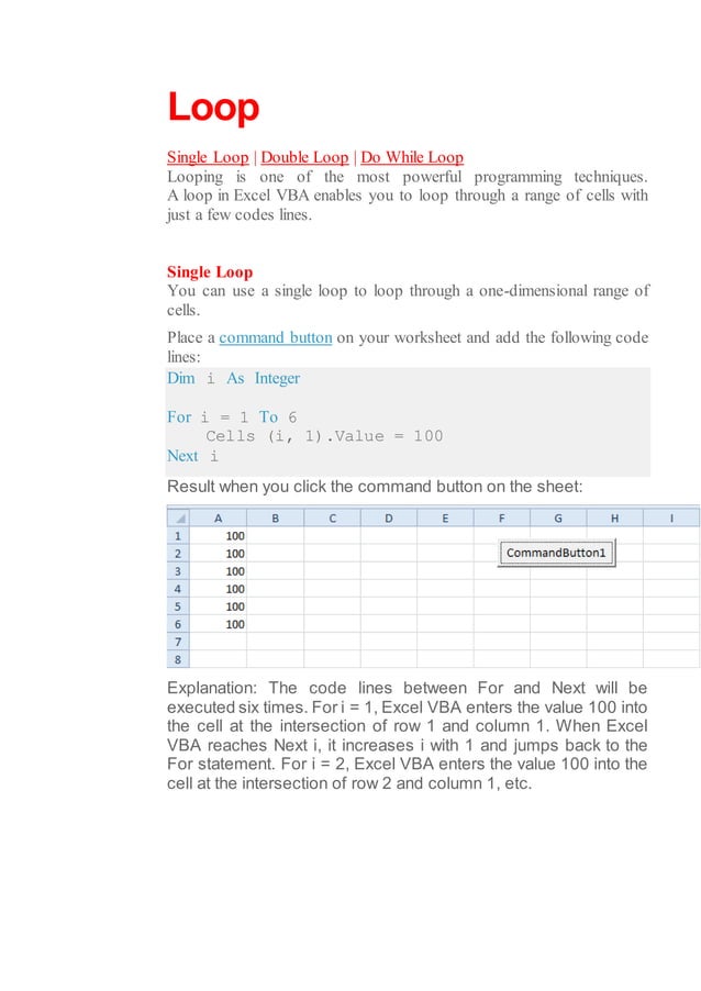 Loop In Excel Pdf
