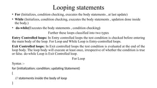 Looping statements c language basics ppt with example | PPTX | Programming Languages | Computing