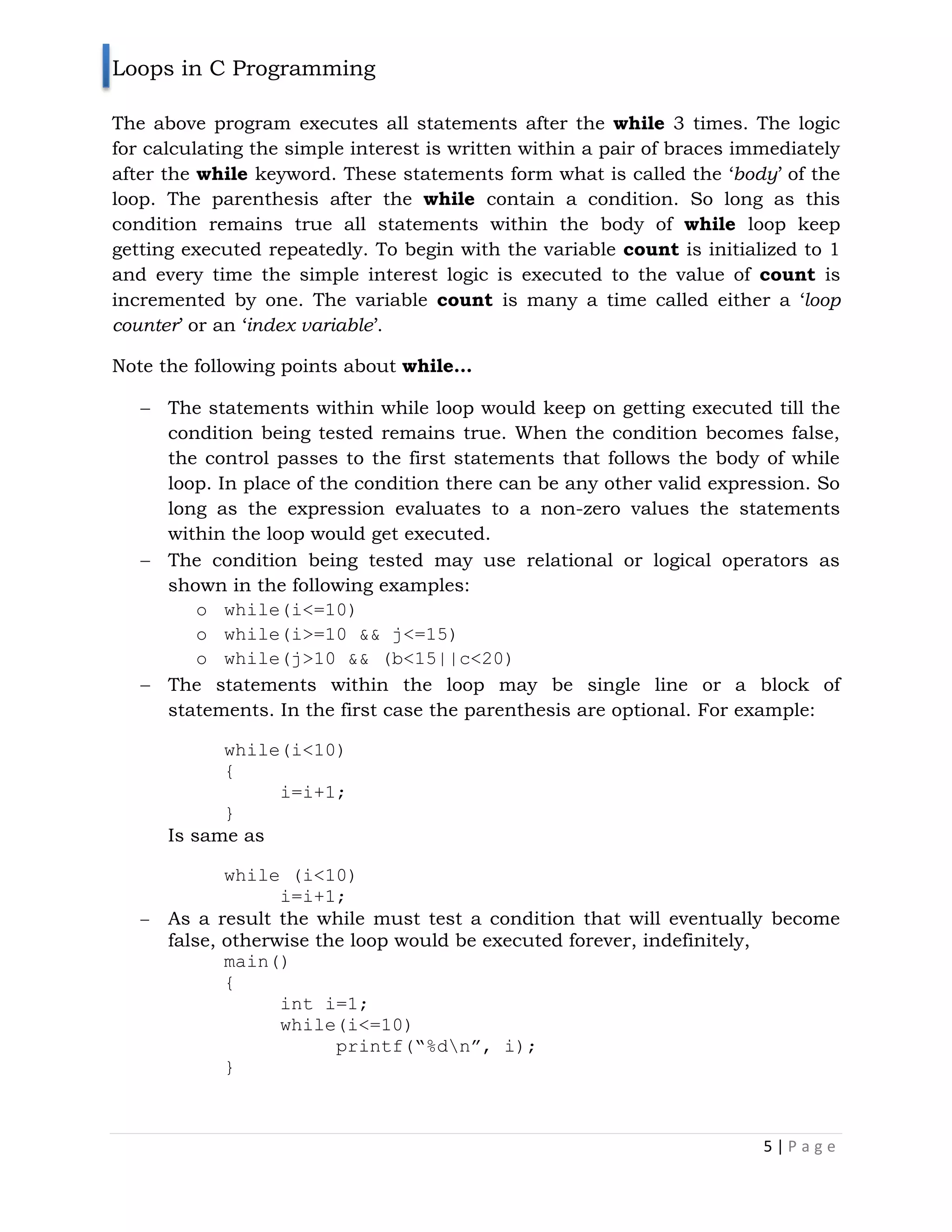 Loops In C Programming For Loop Do While Loop While Loop Nested Loop Pdf