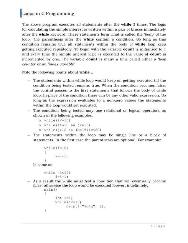 Loops In C Programming For Loop Do While Loop While Loop Nested Loop Pdf