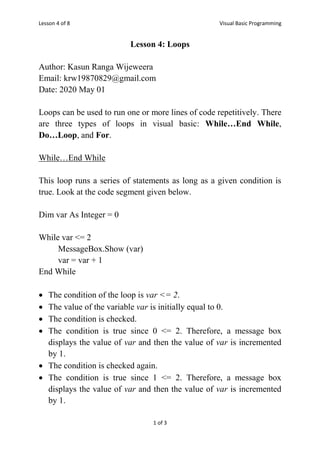 Loops in Visual Basic Programming | PDF | Programming Languages | Computing