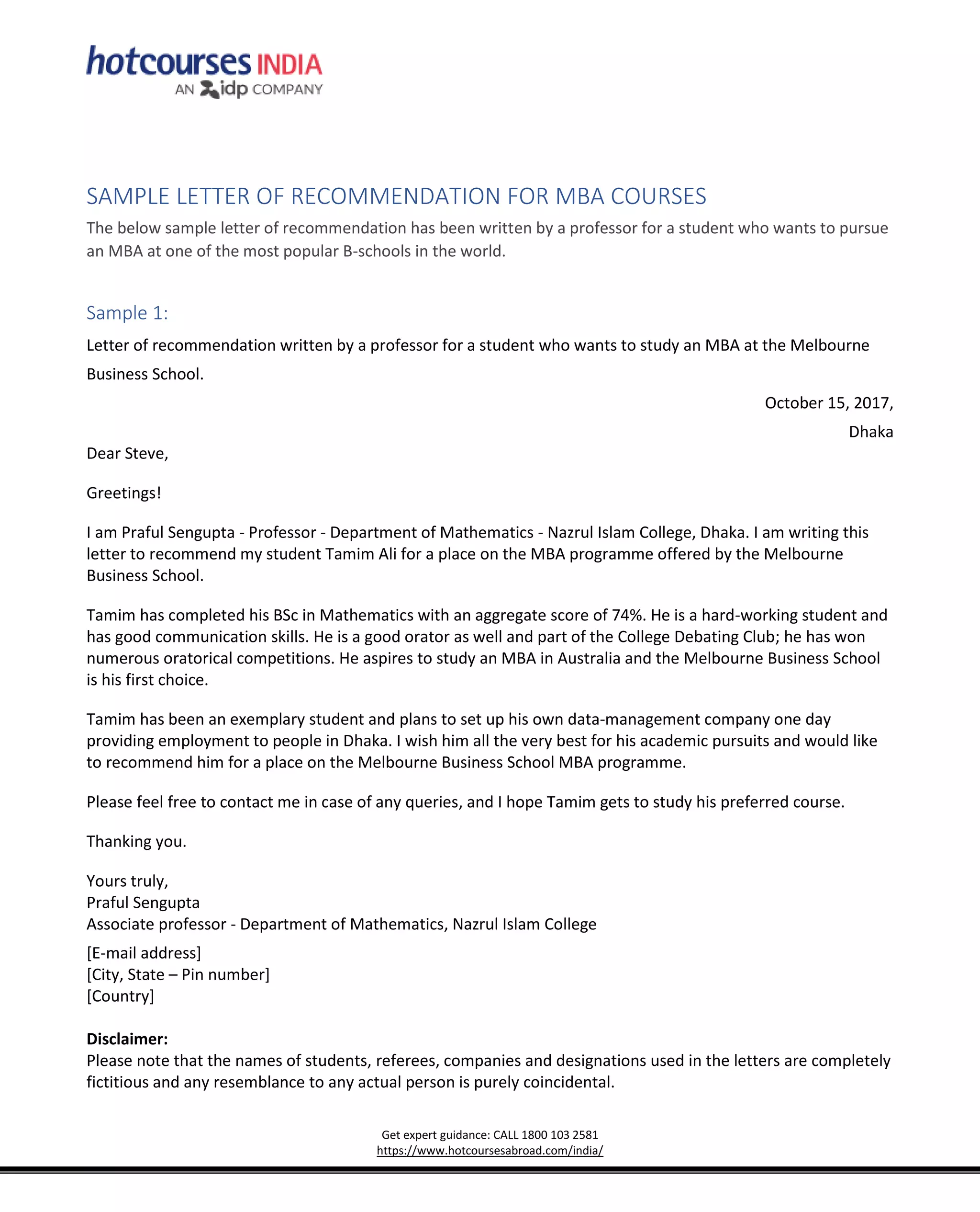 Sample Letter of Recommendation for MBA courses | PDF