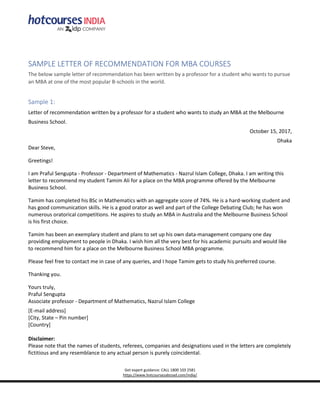 Sample Letter of Recommendation for MBA courses | PDF