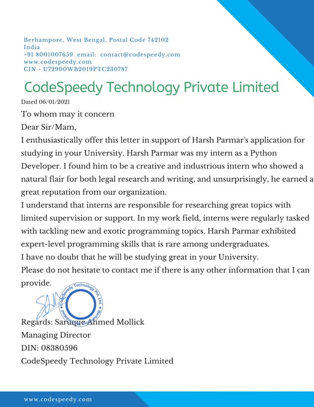 Codespeedy Internship Letter of recommendation | PDF
