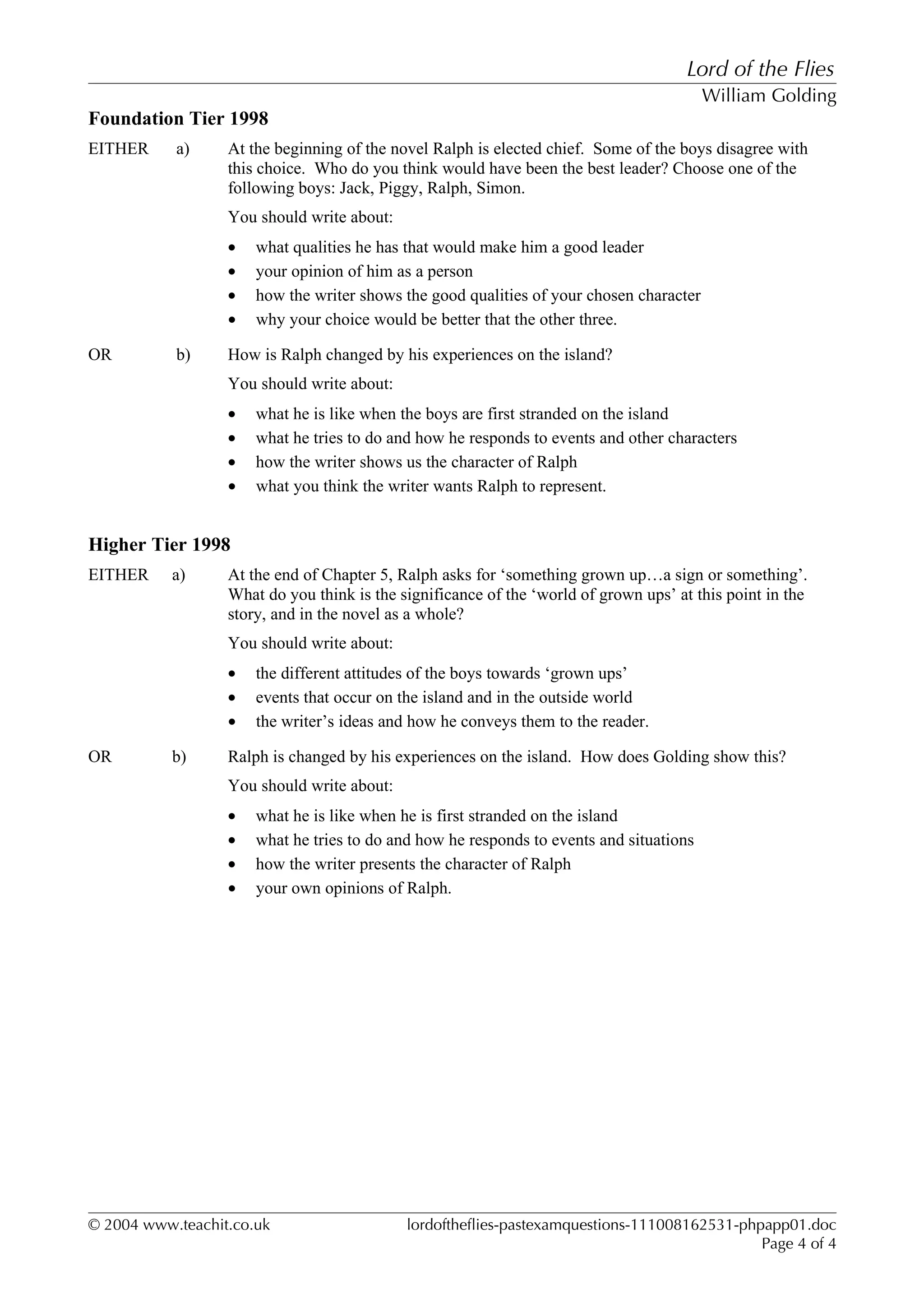 Lord of the flies past exam questions | DOC
