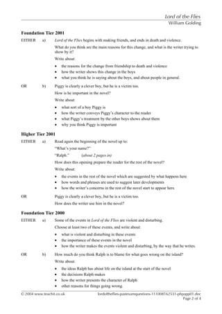 Lord of the flies past exam questions | DOC