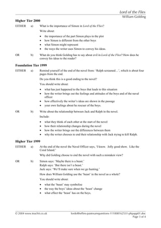 Lord of the flies past exam questions | DOC