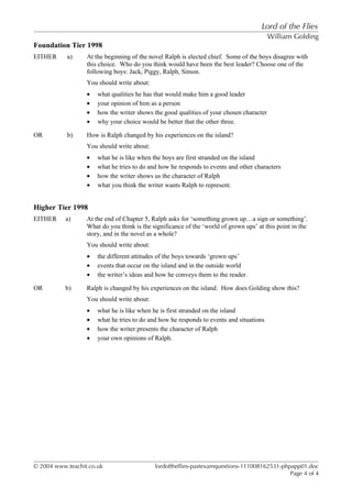 Lord of the flies past exam questions | DOC