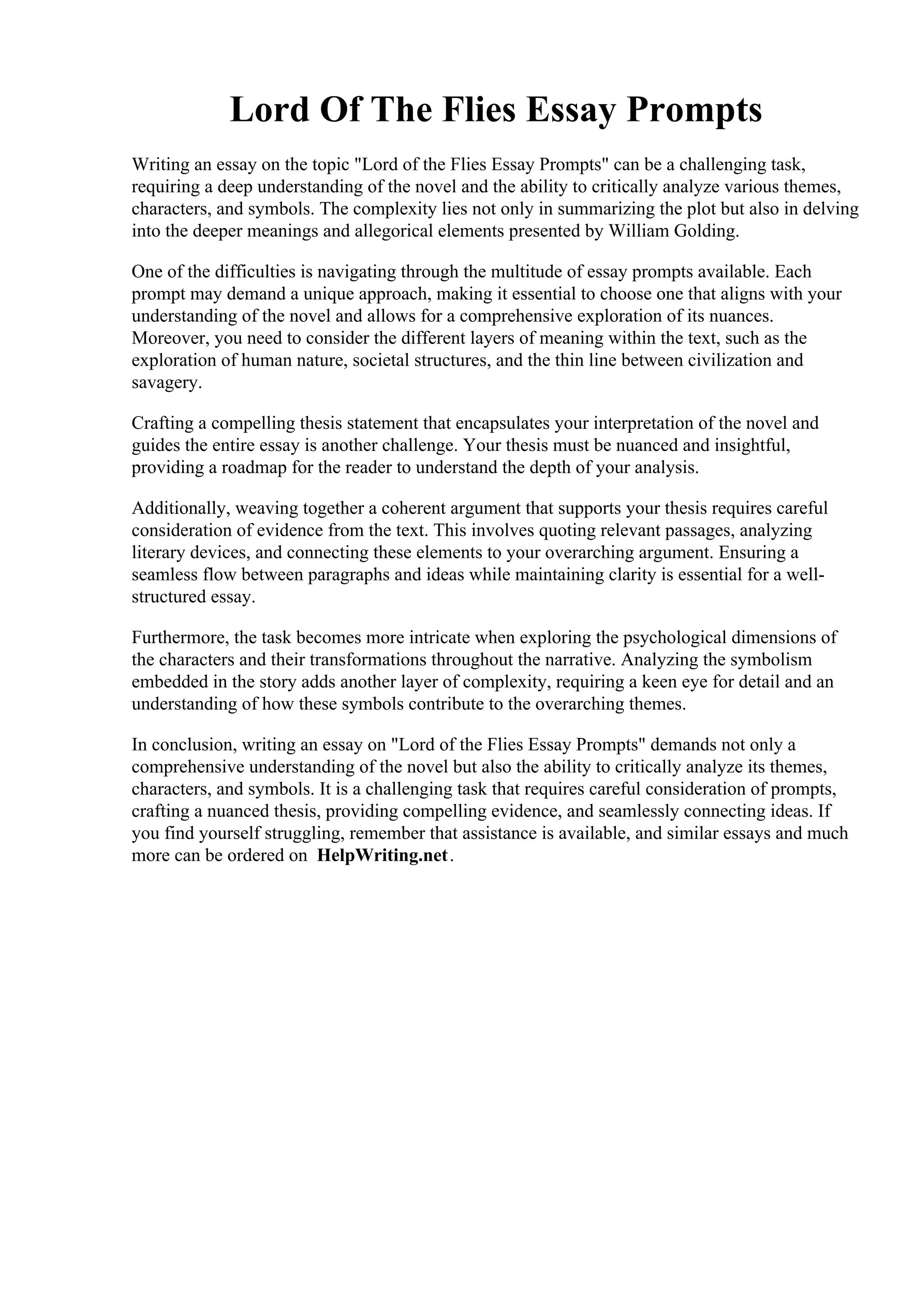 Lord Of The Flies Essay Prompts | PDF