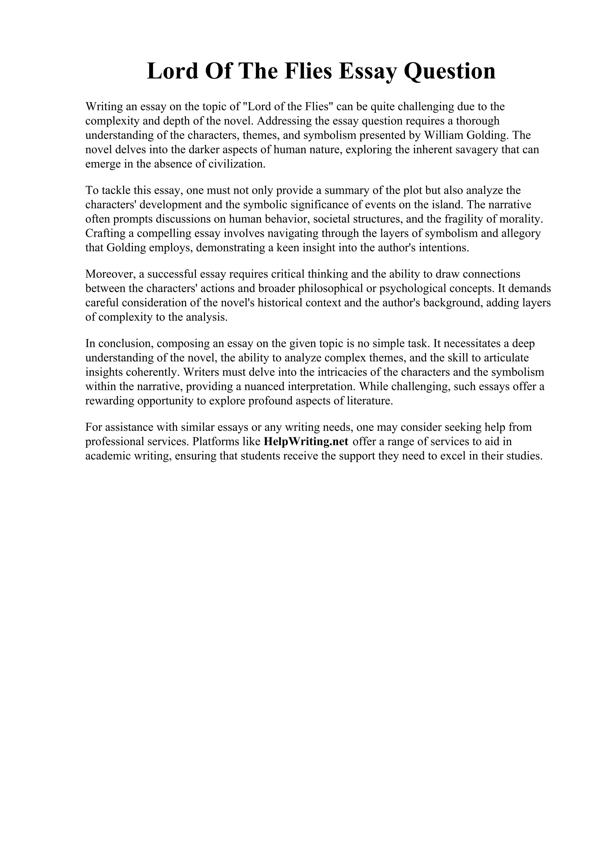 Lord Of The Flies Essay Question | PDF