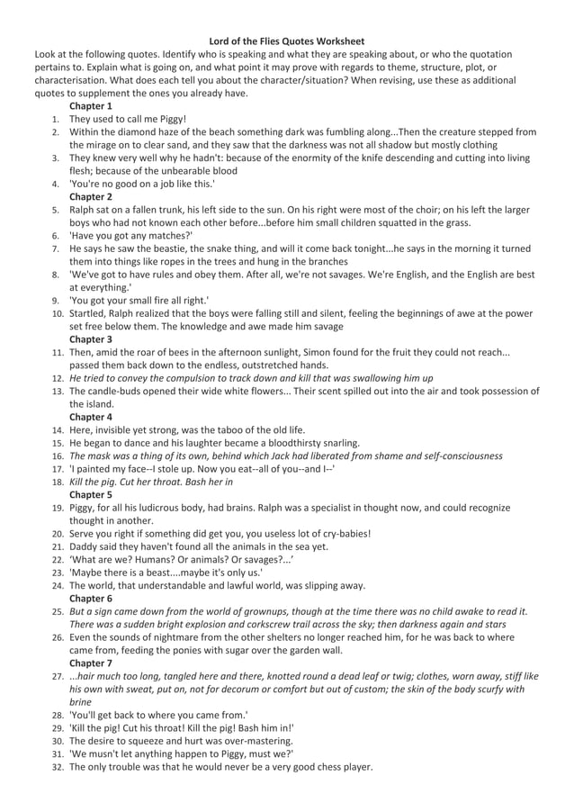 Lord of the flies quotes worksheet | DOCX
