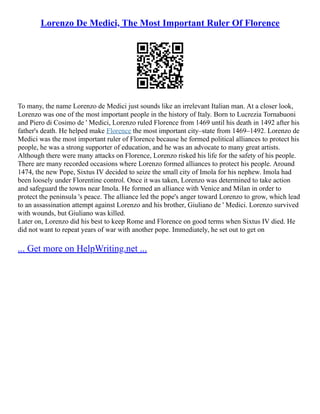 Lorenzo De Medici, The Most Important Ruler Of Florence | PDF