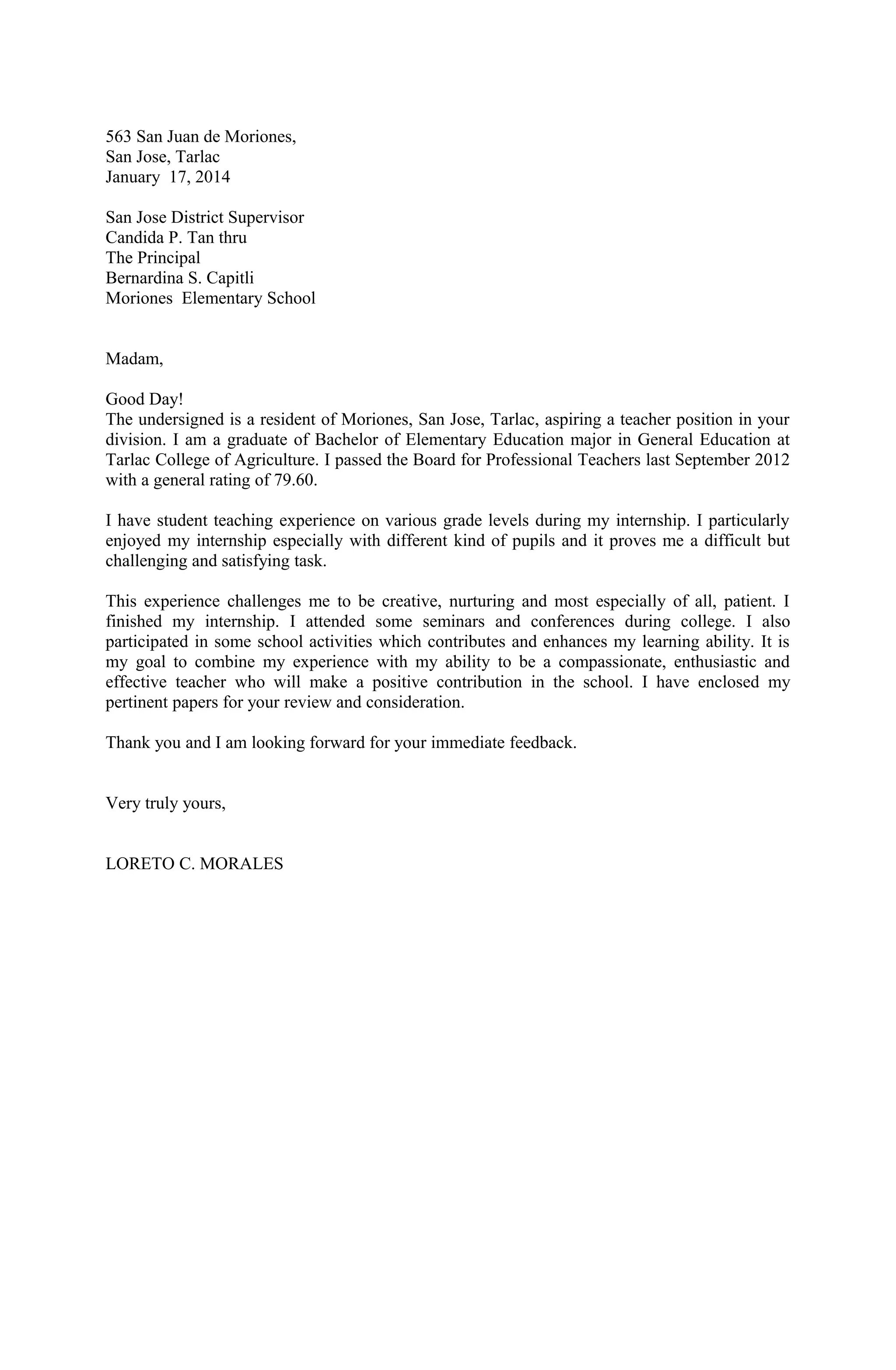 Loreto updated application letter | DOC