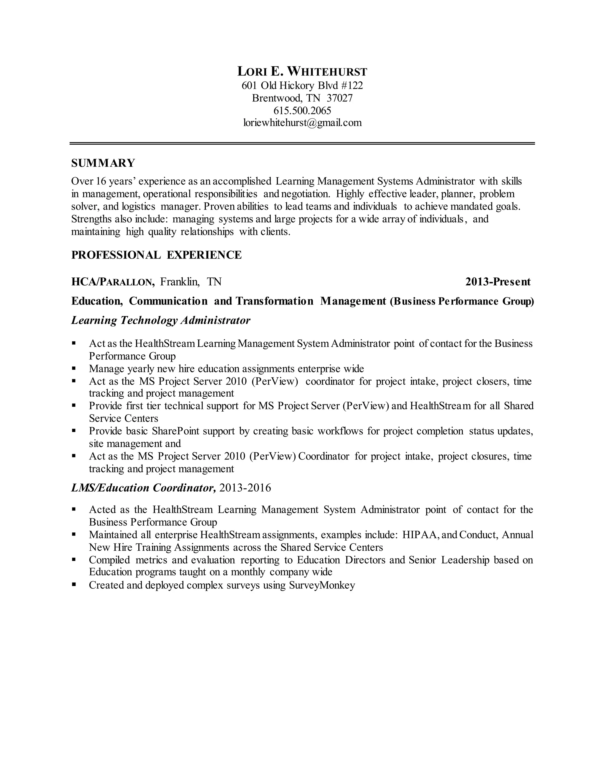 Lori whitehurst resume | DOCX