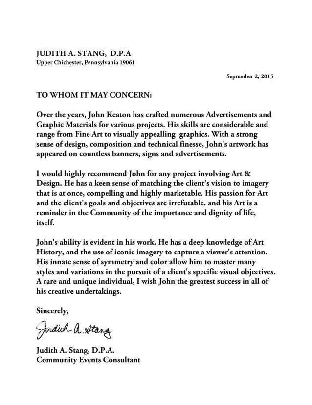 Letter of Recommendation : Community Events : Judith A. Stang | PDF