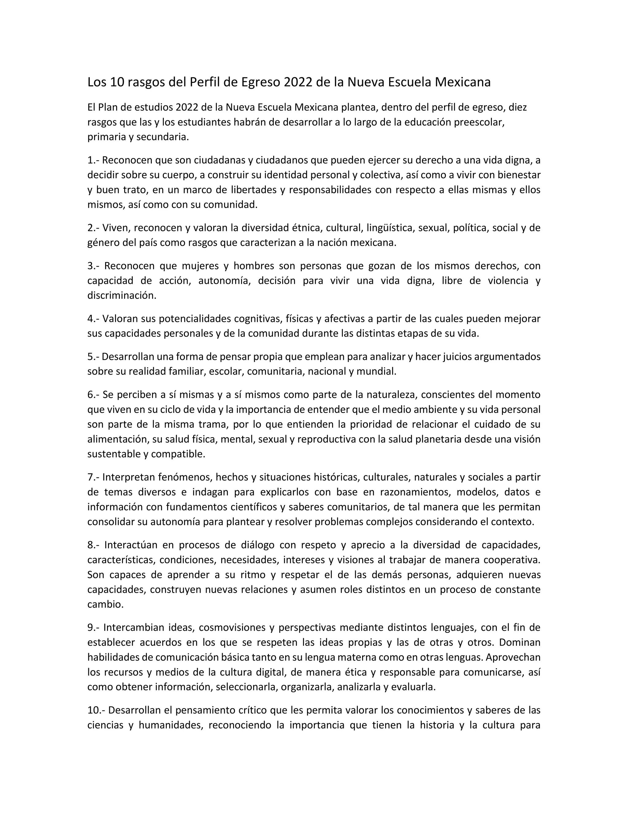 Los 10 rasgos del Perfil de Egreso 2022 de la Nueva Escuela Mexicana ...