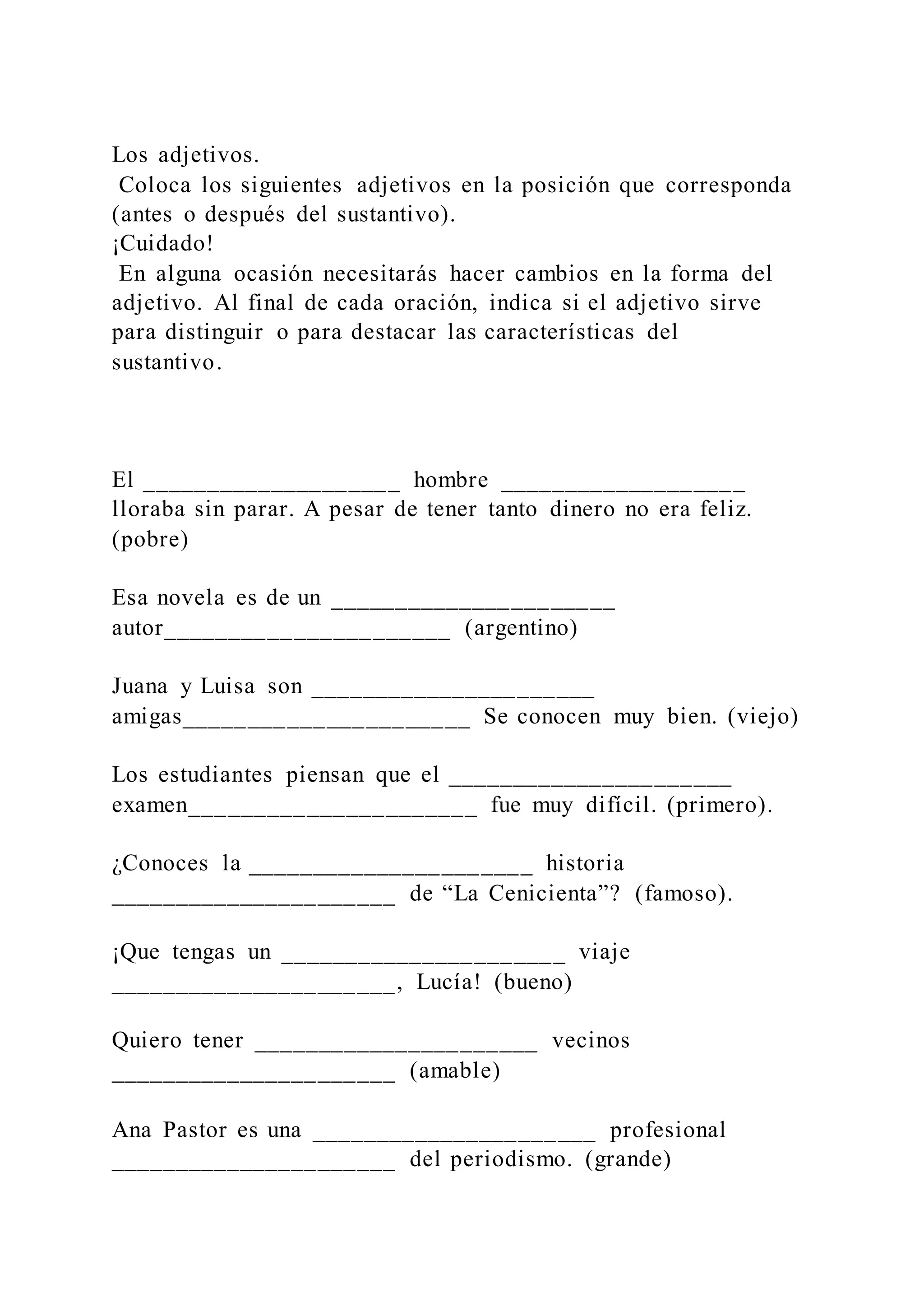 Los adjetivos. Coloca los siguientes adjetivos en la posición que | DOCX