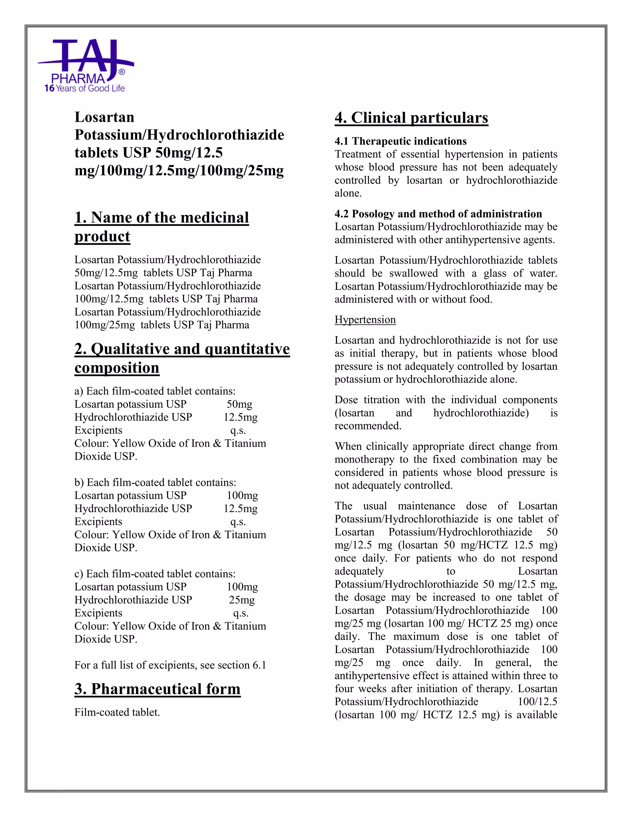 Losartan potassium/HCTZ Tablets USP Taj Pharma SmPC | PDF