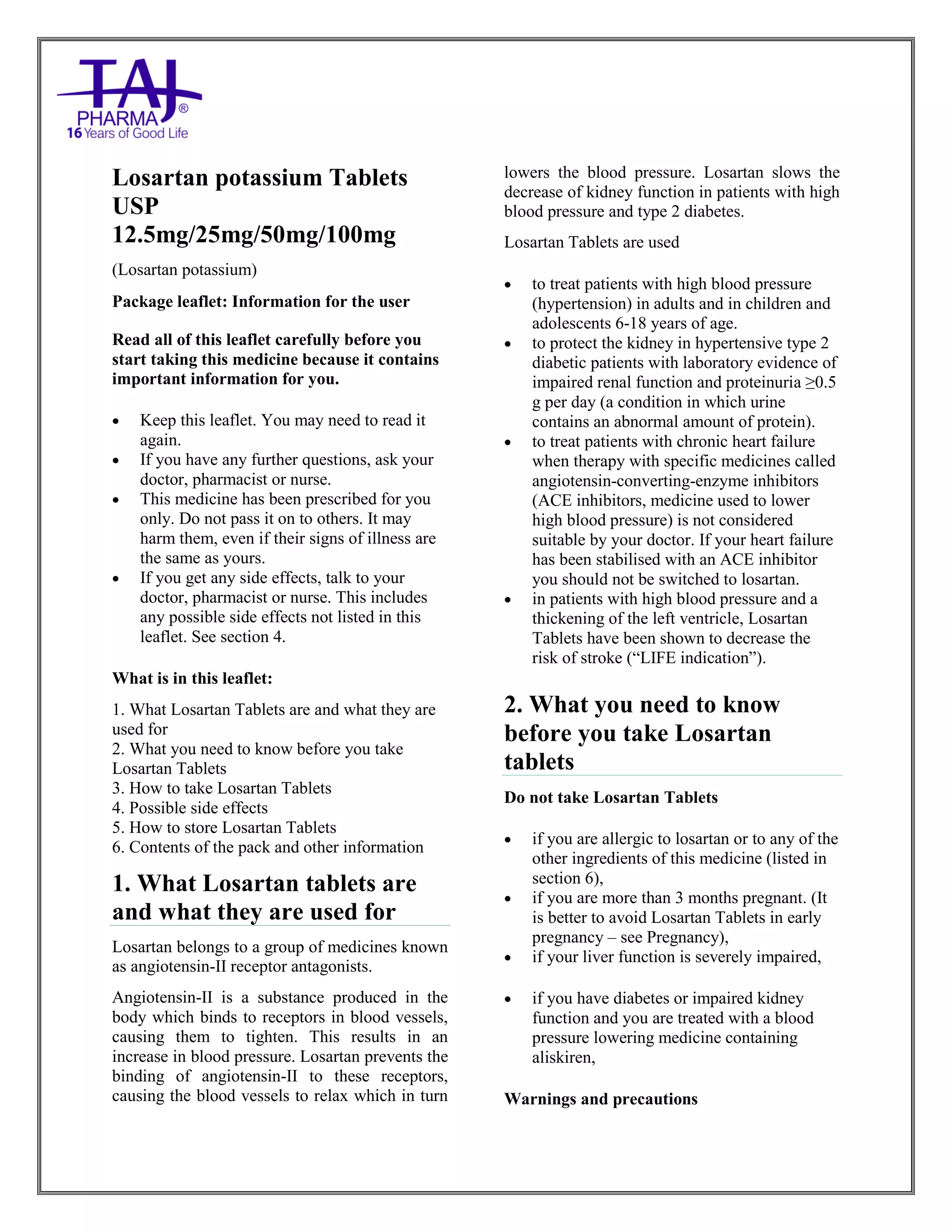 Losartan potassium Tablets USP 12.5mg/25mg/50mg/100mg Taj Pharma PIL | PDF