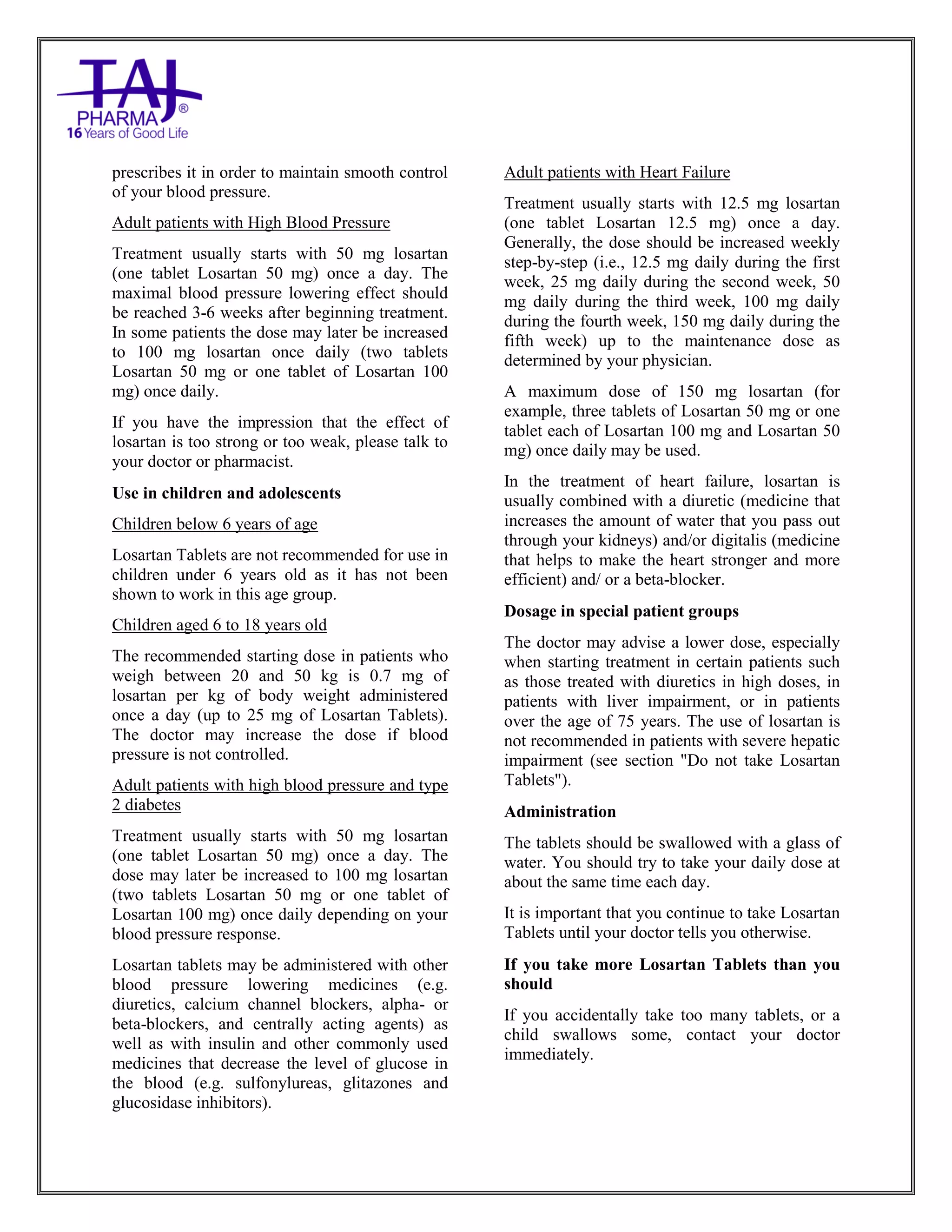 Losartan potassium Tablets USP 12.5mg/25mg/50mg/100mg Taj Pharma PIL | PDF