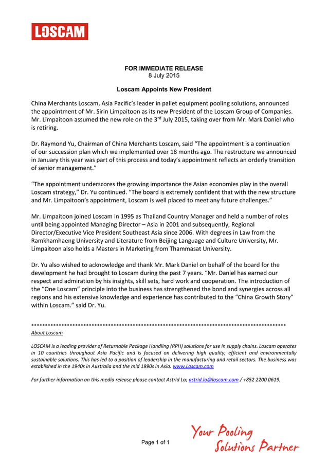 Loscam Appoints New President | PDF
