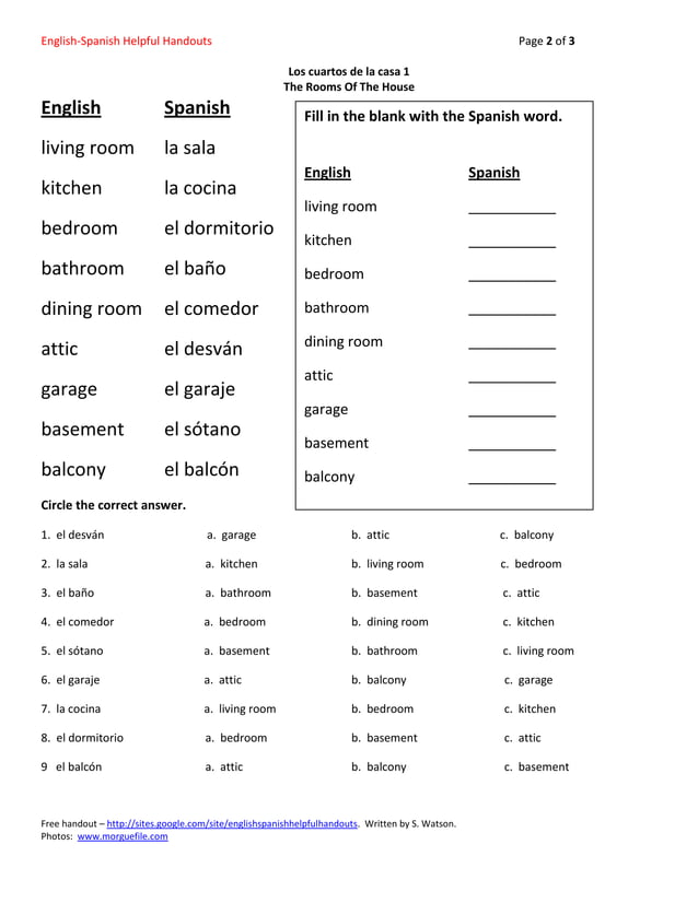 English-Spanish Helpful Handouts-Los Cuartos De La Casa | PDF