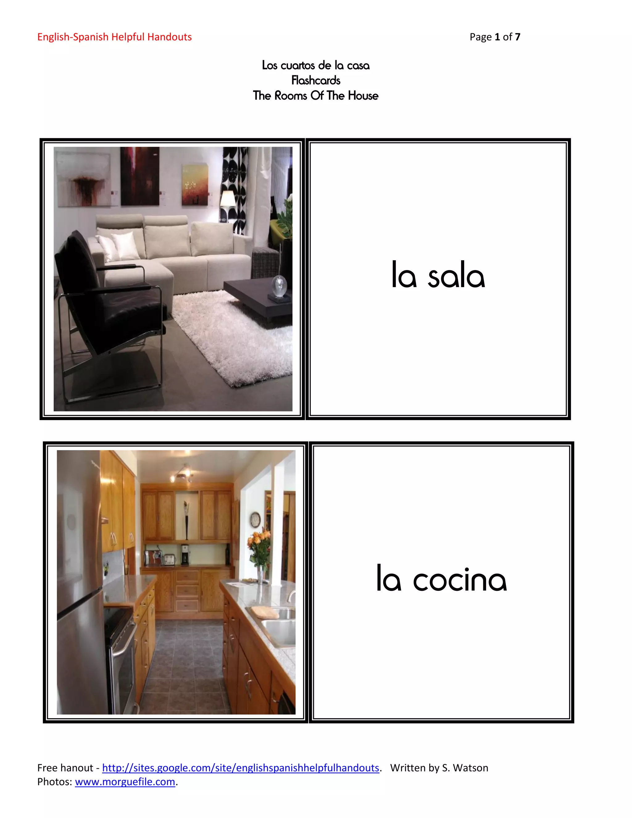 English-Spanish Helpful Handouts-Los Cuartos De La Casa Flashcards ...