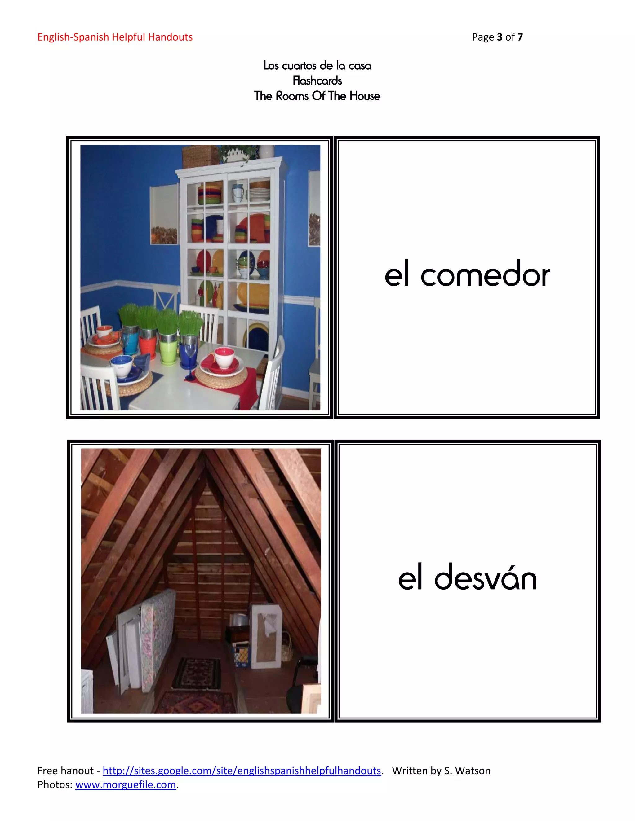 English-Spanish Helpful Handouts-Los Cuartos De La Casa Flashcards ...
