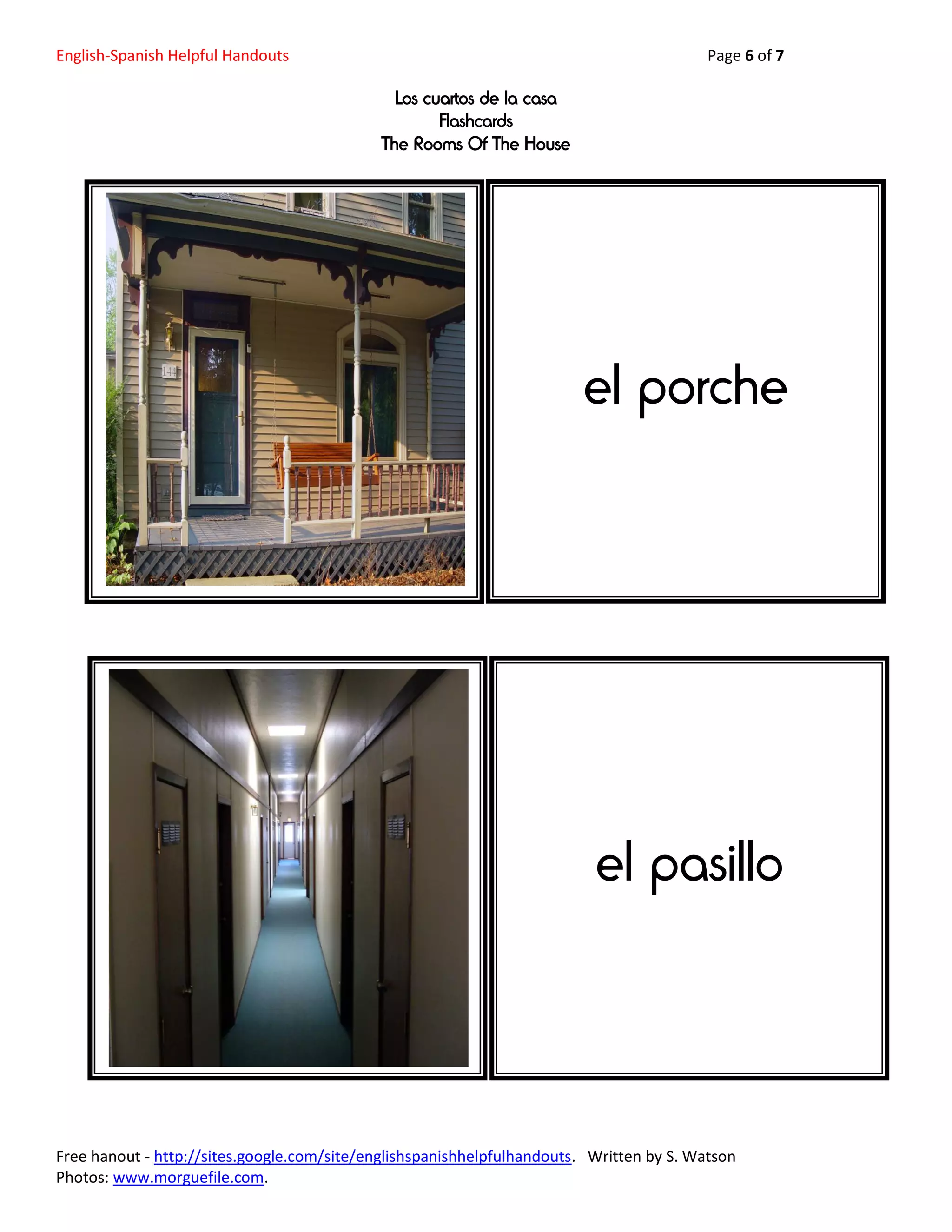 English-Spanish Helpful Handouts-Los Cuartos De La Casa Flashcards ...