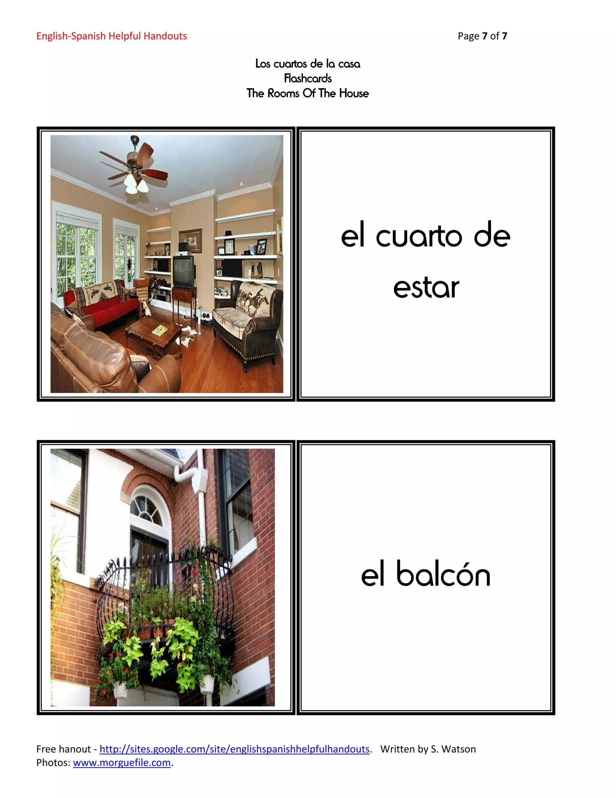 English-Spanish Helpful Handouts-Los Cuartos De La Casa Flashcards ...