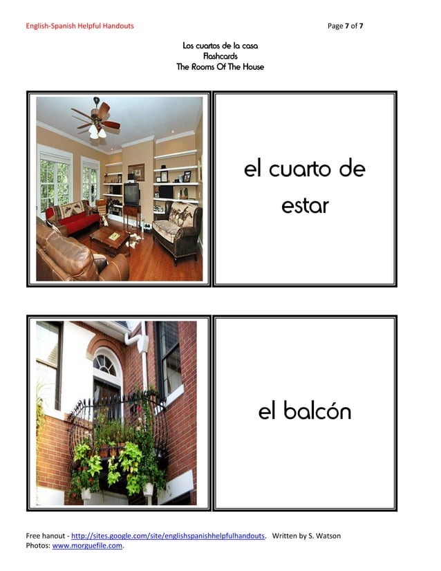 English-Spanish Helpful Handouts-Los Cuartos De La Casa Flashcards | PDF
