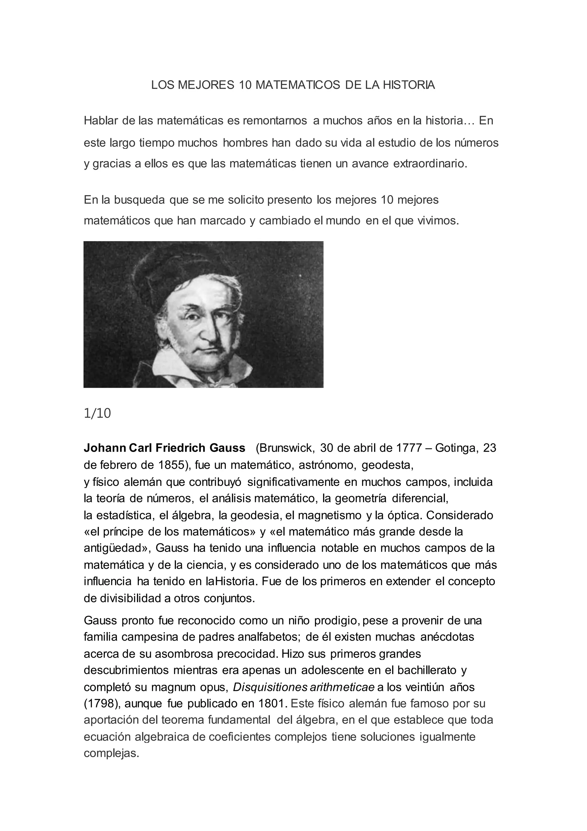 Los mejores 10 matematicos de la historia | DOCX