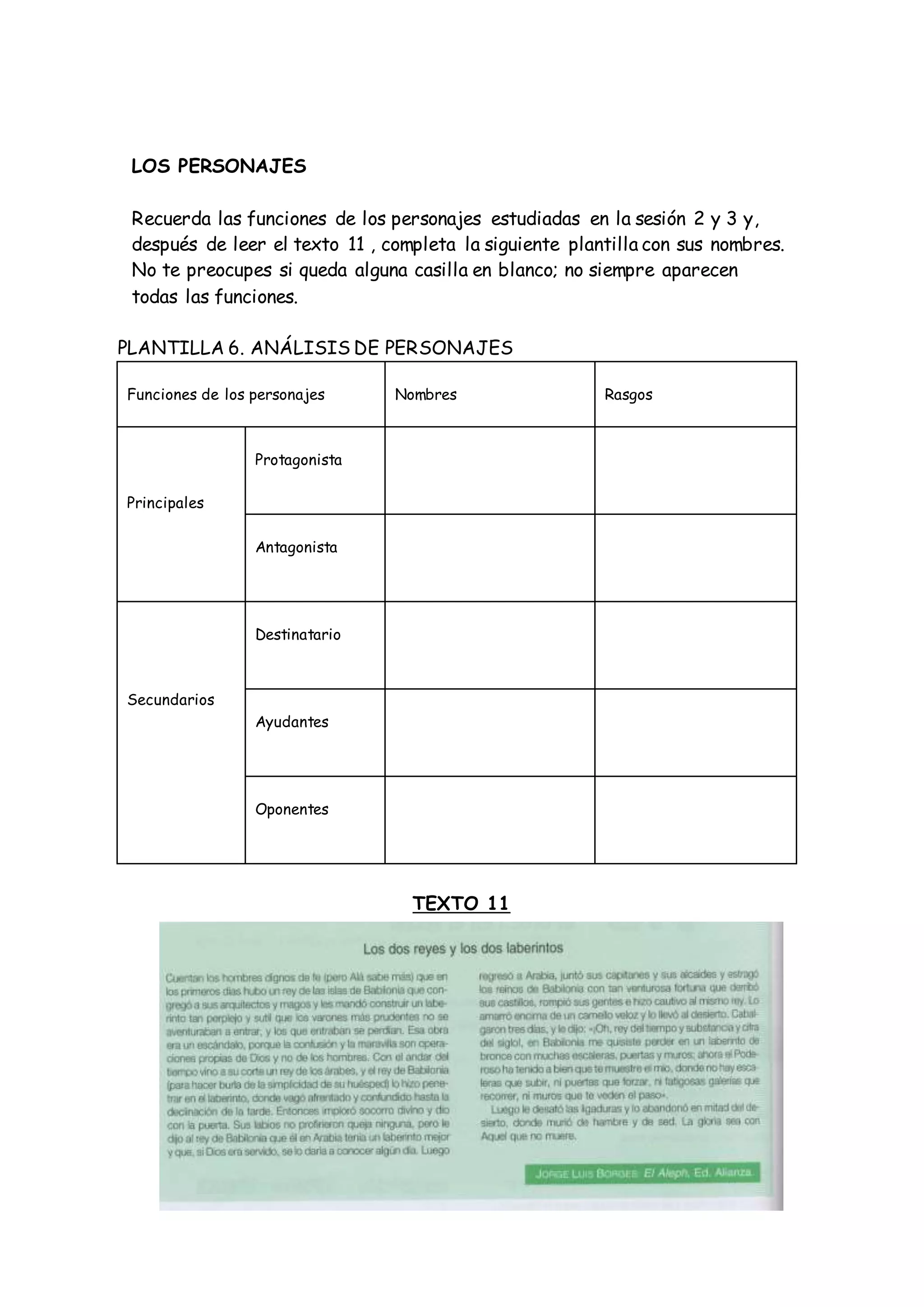 Los personajes- Actividades de Lengua para cuarto grado | DOCX
